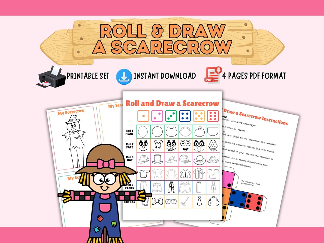 Roll & Draw a Scarecrow Printable, Fall Party Kids Activities, Fall ...