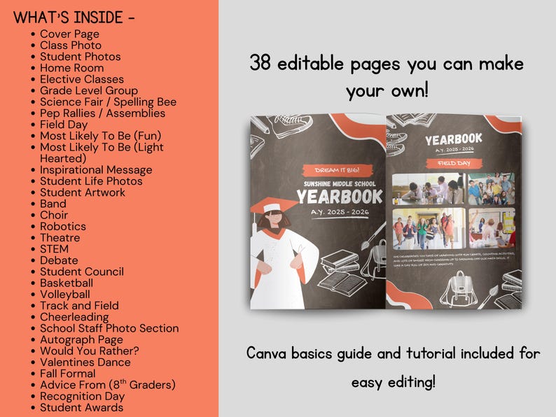 Editable Middle School Yearbook Template, Canva Customizable Yearbook ...