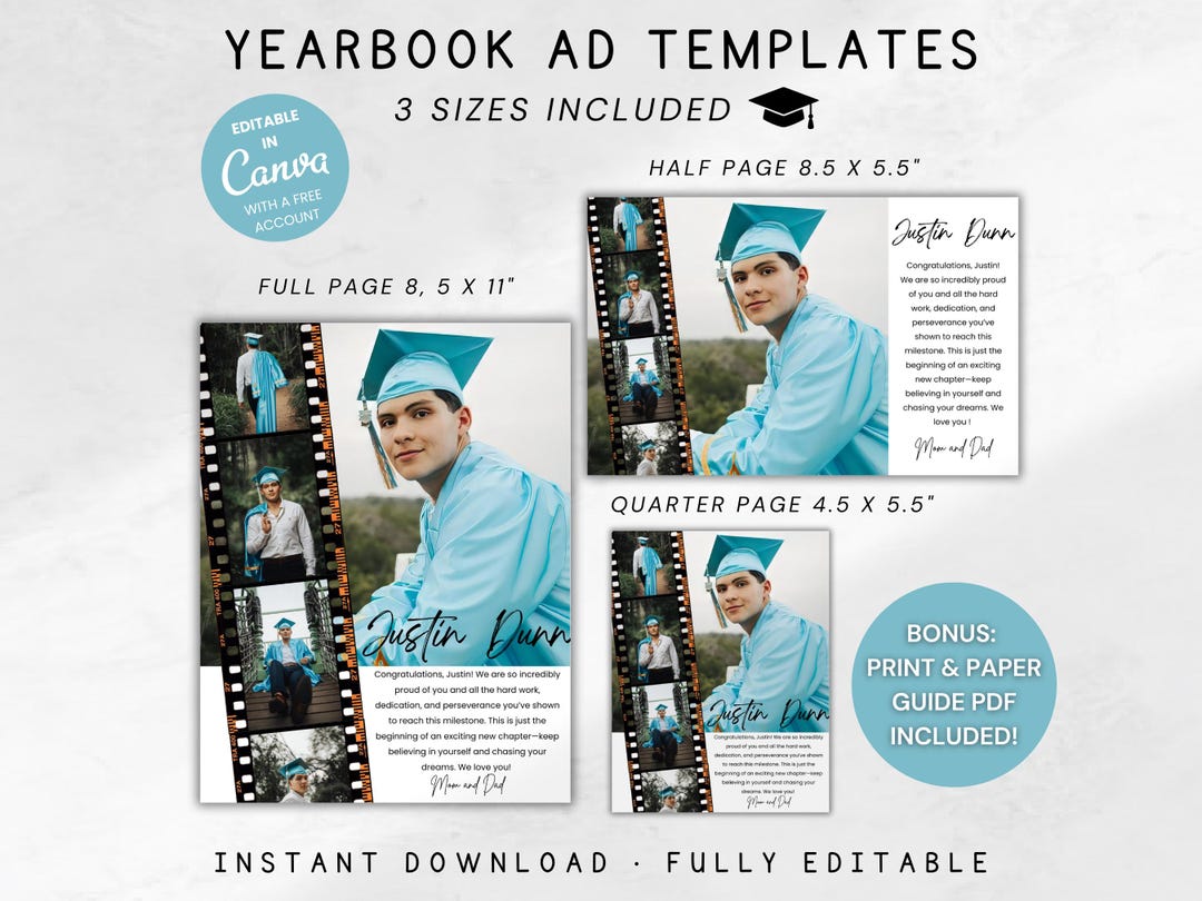 Editable Yearbook Ad Template, Senior Graduation Tribute Full Page Half ...