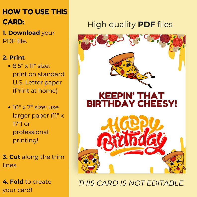 Pizza Birthday Card Printable, Foldable Pizza Party Card, Funny Food ...