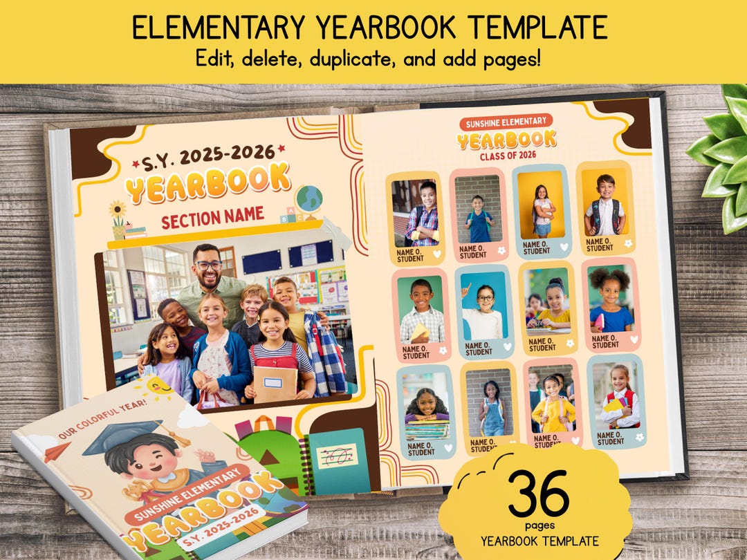 Elementary Yearbook Template, Editable Canva Yearbook, School Memory ...