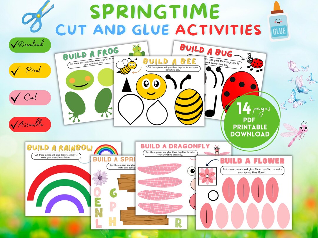 Spring Cut & Glue Activity Bundle, 9 Cut and Paste Crafts for Preschool ...