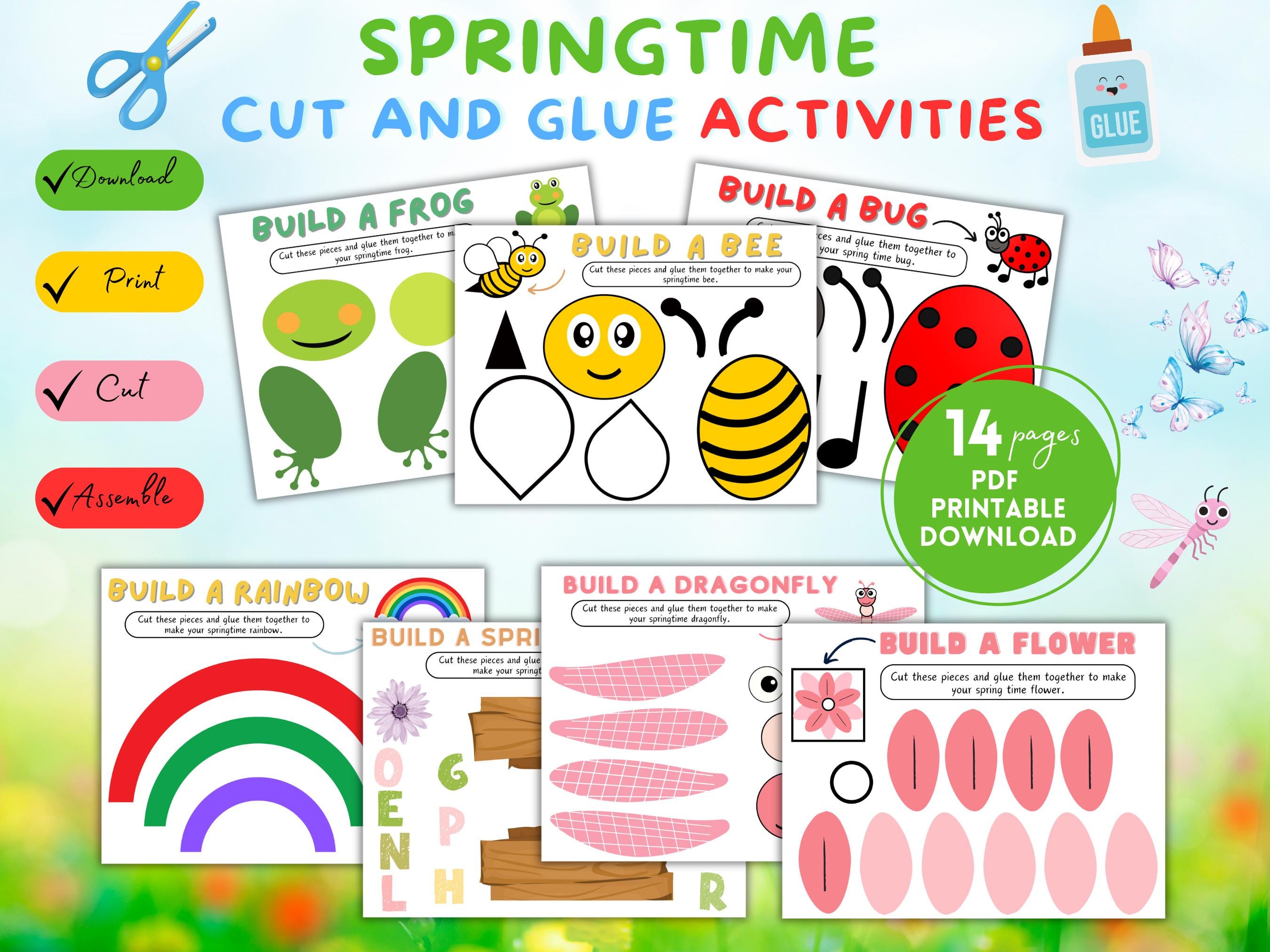 Spring Cut & Glue Activity Bundle, 9 Cut and Paste Crafts for Preschool ...