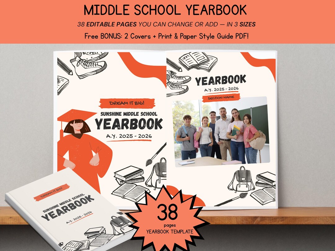 Middle School Yearbook Template, Canva Editable Memory Book (digital ...