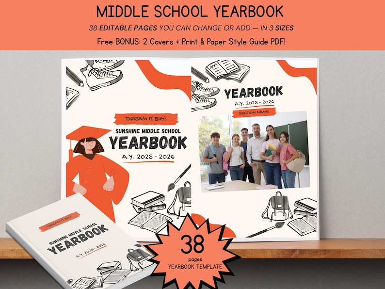 Middle School Yearbook Template, Canva Editable Memory Book (digital ...