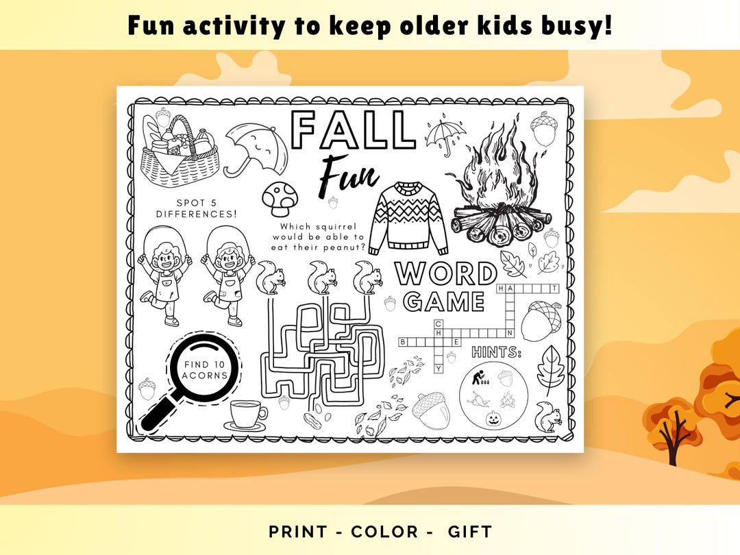 Fall Activity Placemat, Printable Fall Coloring Placemat, Fall Activity ...