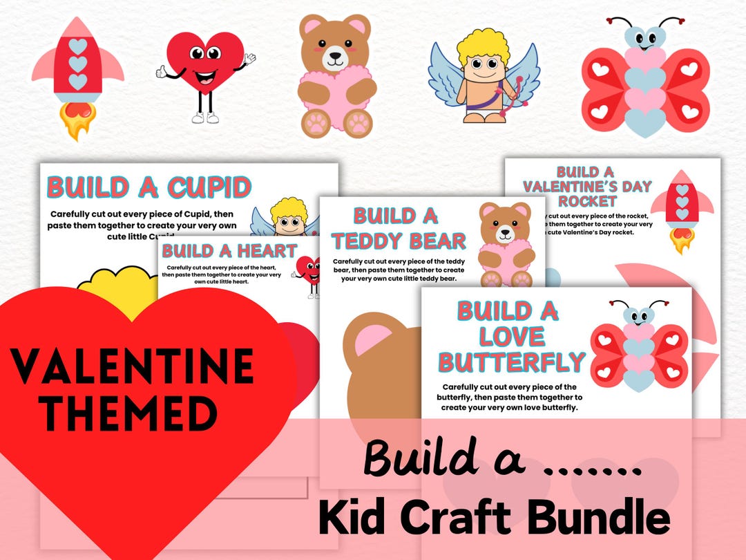 Valentine Kids Craft Bundle, Printable Build a Cupid, Teddy Bear ...