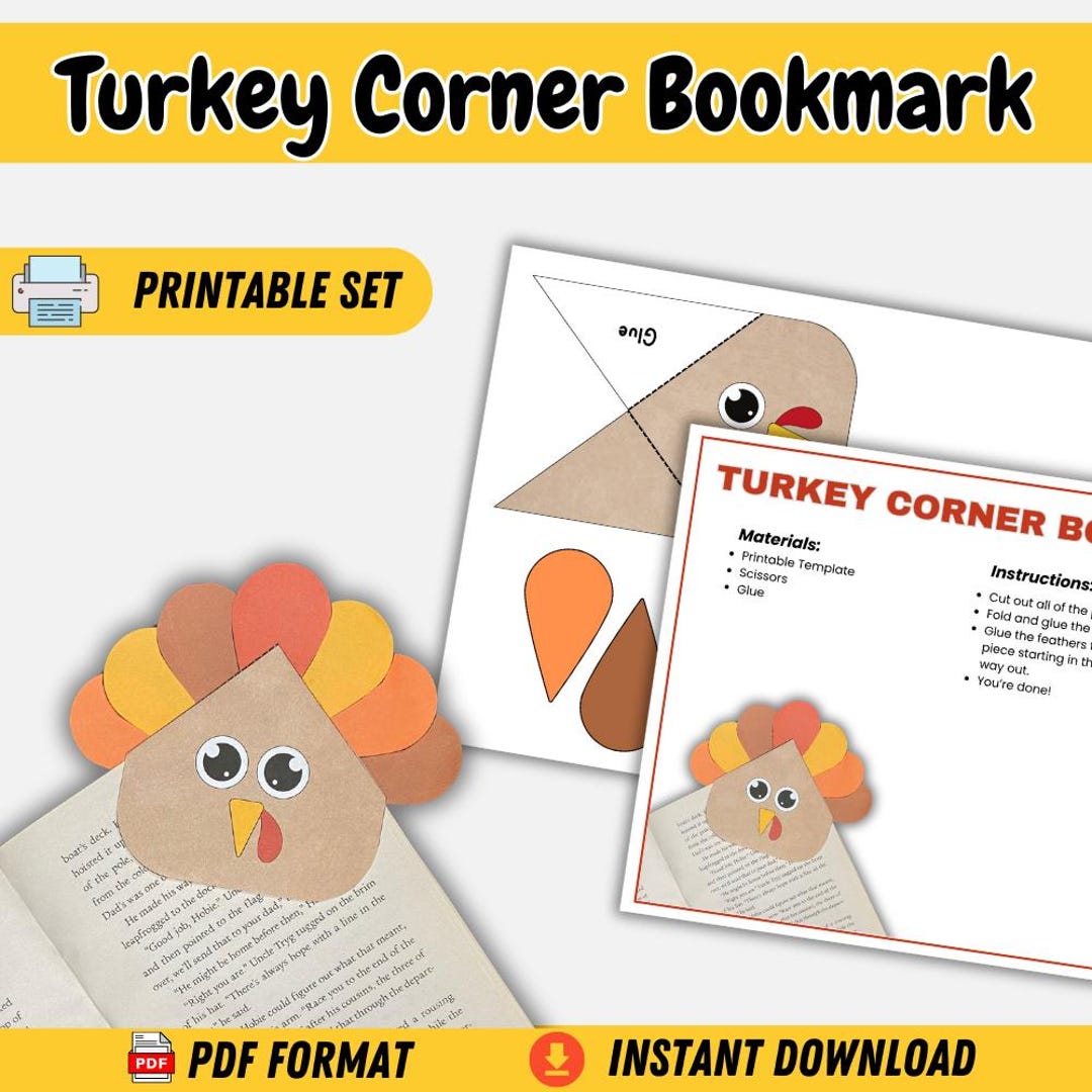 Turkey Corner Bookmark Craft for Kids, Printable Thanksgiving Bookmark ...