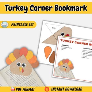 Turkey Corner Bookmark Craft for Kids, Printable Thanksgiving Bookmark ...