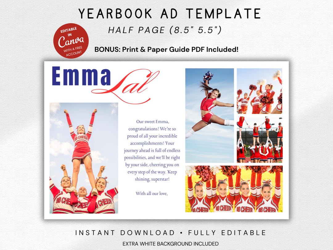 Cheer Yearbook Half Page Ad Template, Editable Cheerleader Sports ...