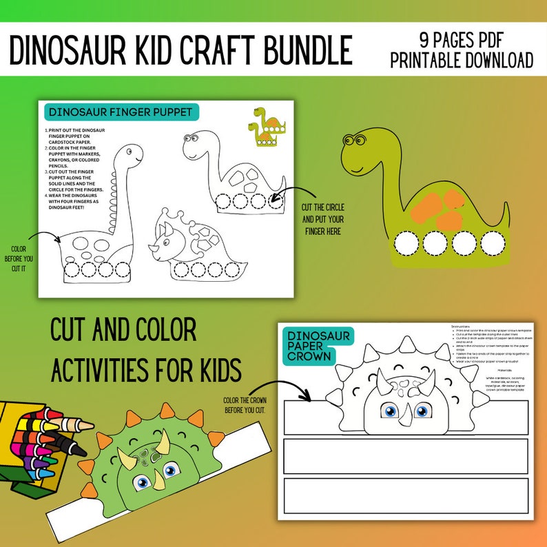 Dinosaur Kid Craft Bundle, Dino Coloring Craft, Dinosaur Paper Crown ...