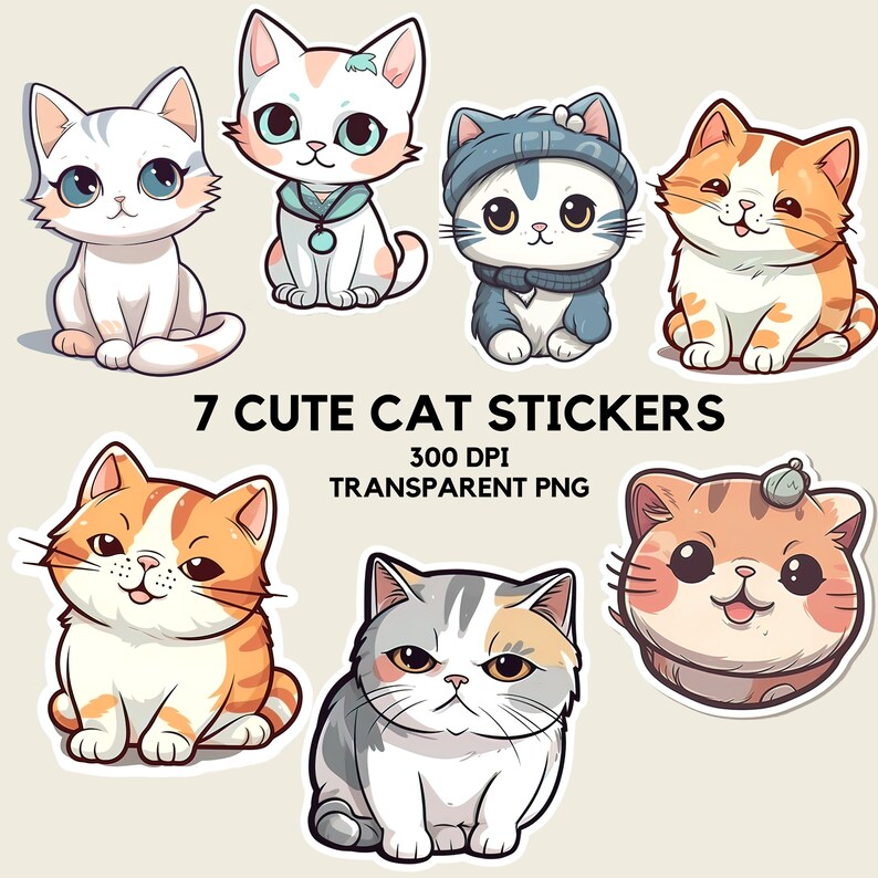Cute Cat Clipart Digital Stickers Png Bundle, Kawaai Cat Printable ...