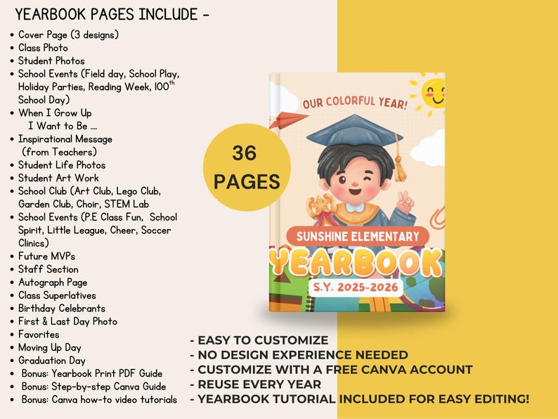 Elementary Yearbook Template, Editable Canva Memory Keepsake, End-of ...