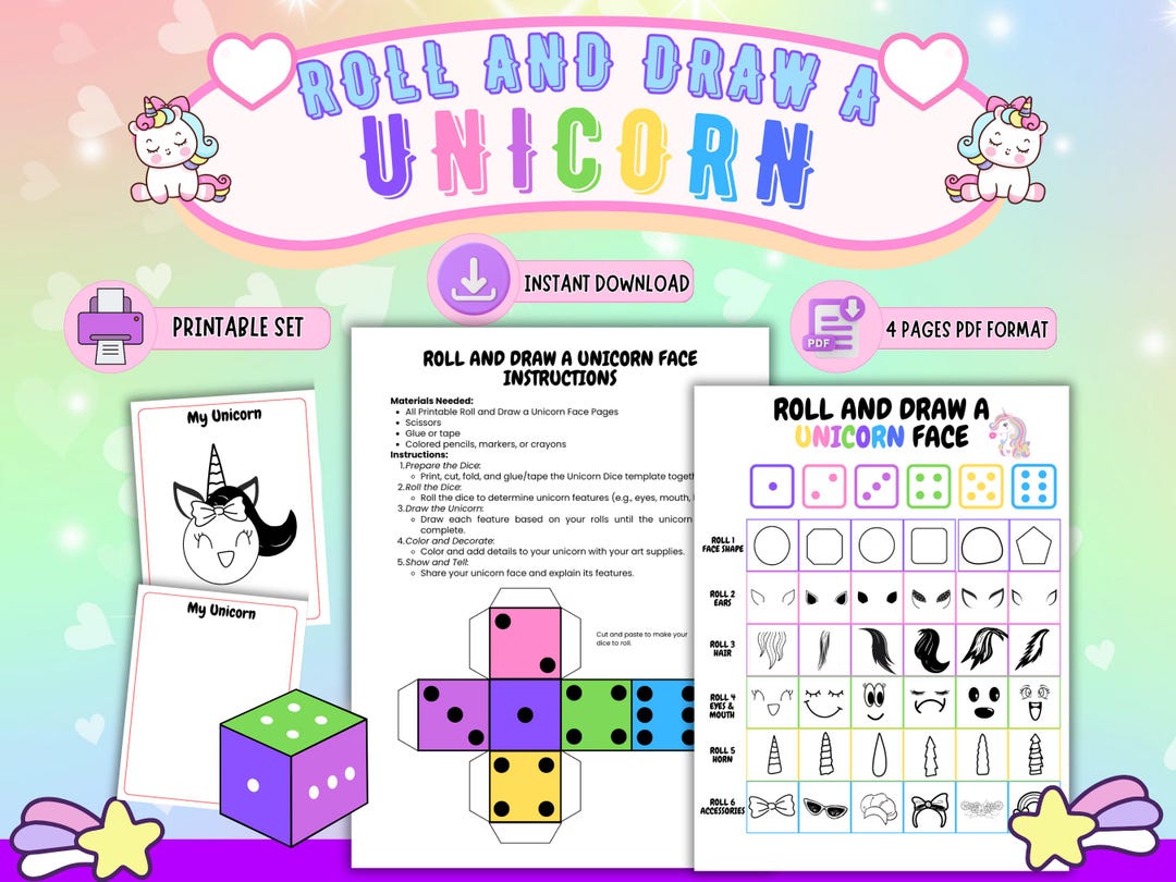 Roll & Draw a Unicorn Game, Printable Dice Game, Drawing Activities for ...