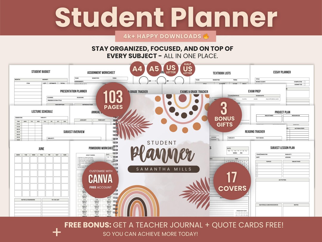 Editable 103 Page Student Planner Template, Printable Boho Academic ...