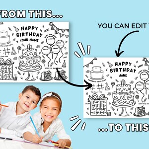 CUSTOM Birthday Party Activity Placemat, Kid Activity, Coloring Page ...