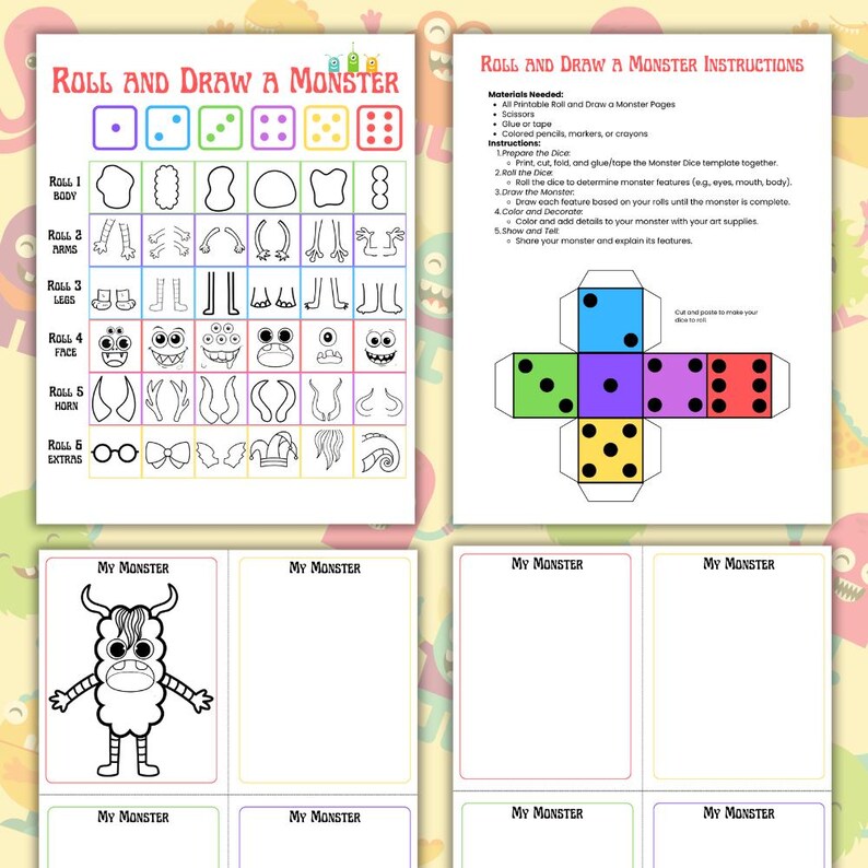 Roll and Draw a Monster Game, Printable Halloween Dice Game, Preschool ...