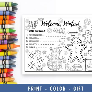 Winter Activity Placemat, Printable Winter Coloring Page Craft, Welcome ...