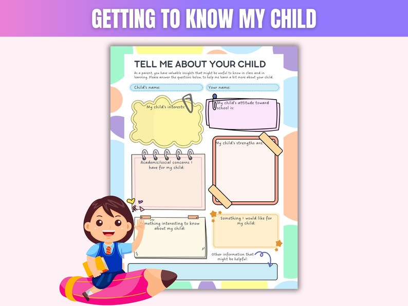 Getting to Know Your Child Printable, Back to School Form, Parent ...