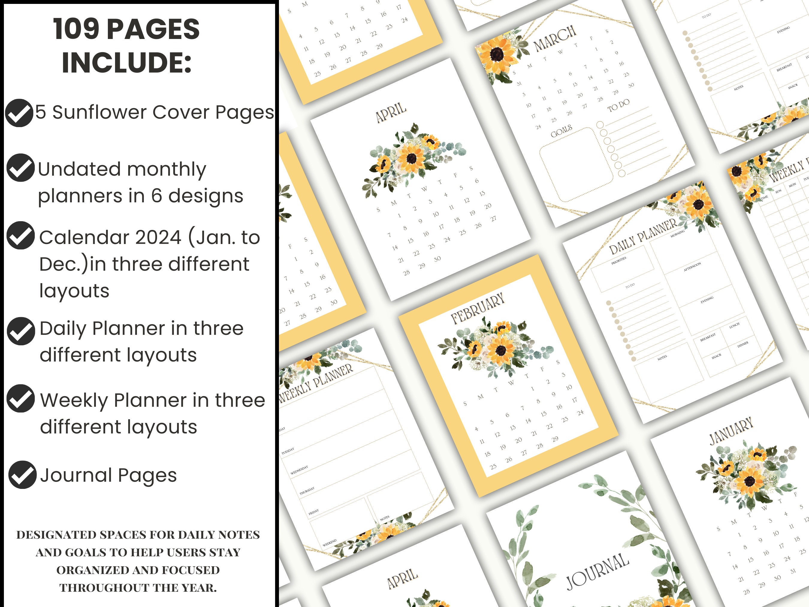 2024 Printable Calendar & Planner Bundle, Sunflower Daily and Weekly ...