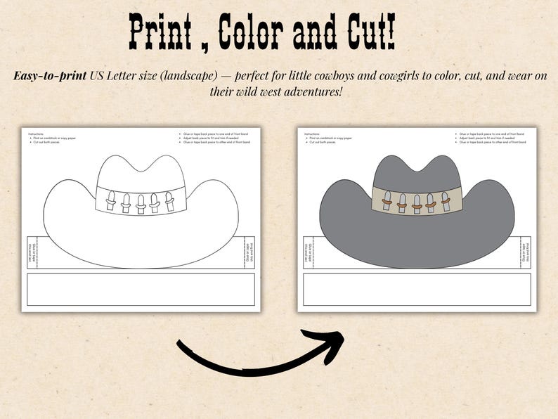 Cowboy Hat Paper Crown, Coloring Craft for Kids, Cowgirl & Cowboy ...
