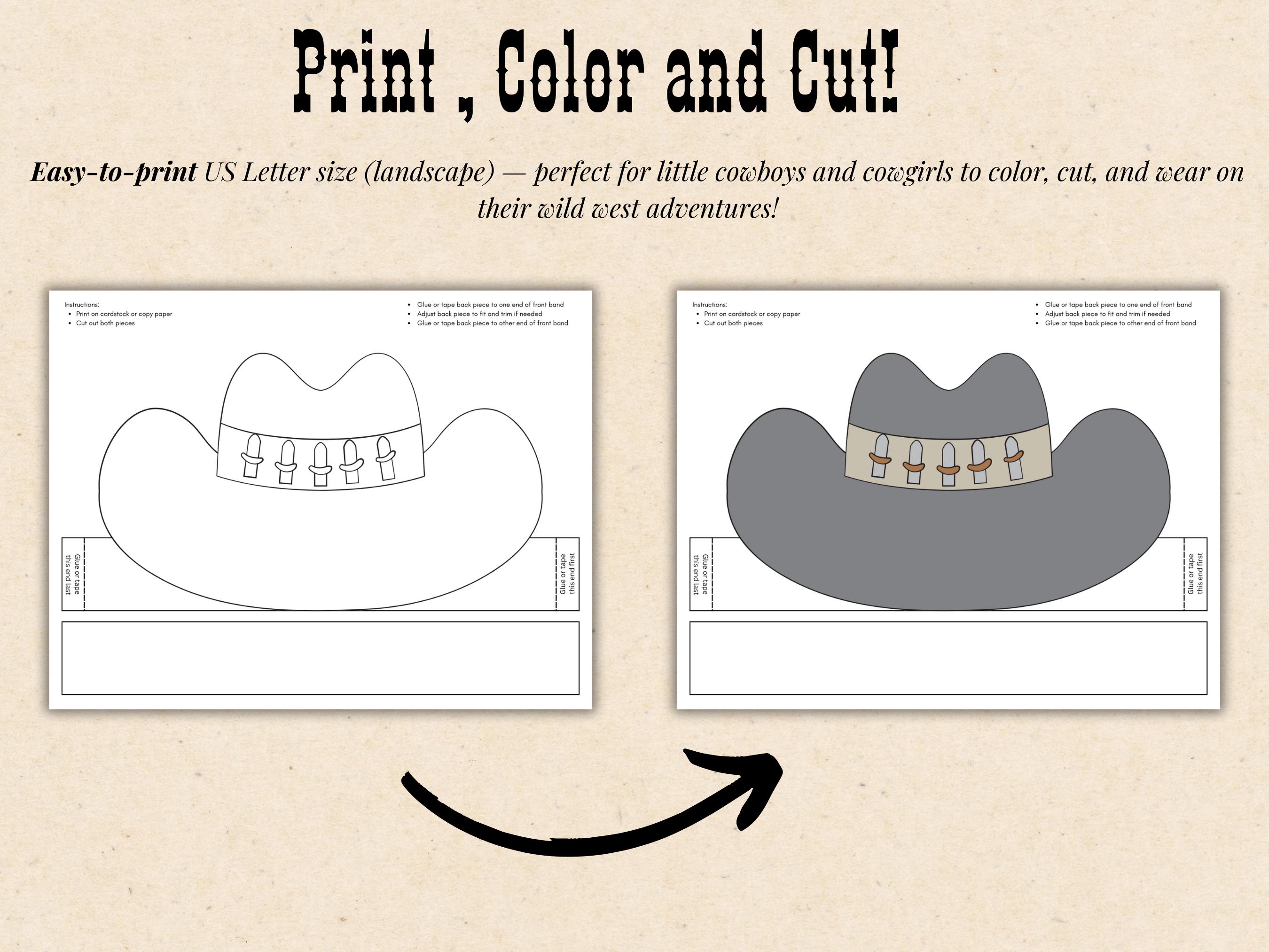 Cowboy Hat Paper Crown, Coloring Craft for Kids, Cowgirl & Cowboy ...