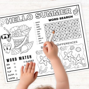 Kid's Summer Activity Placemat, Summer Coloring Page Craft, Summer ...