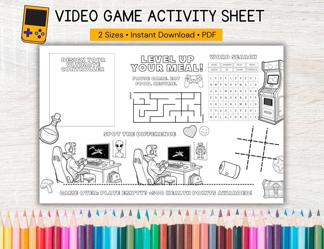 Video Game Birthday Party Placemat, Printable Coloring Activity, Kids ...