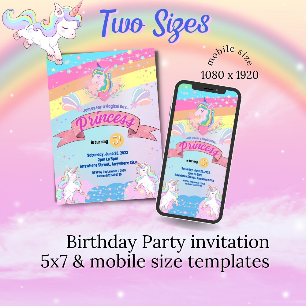 Unicorn Birthday Party Invitation Editable Rainbow Unicorn Party Invite ...