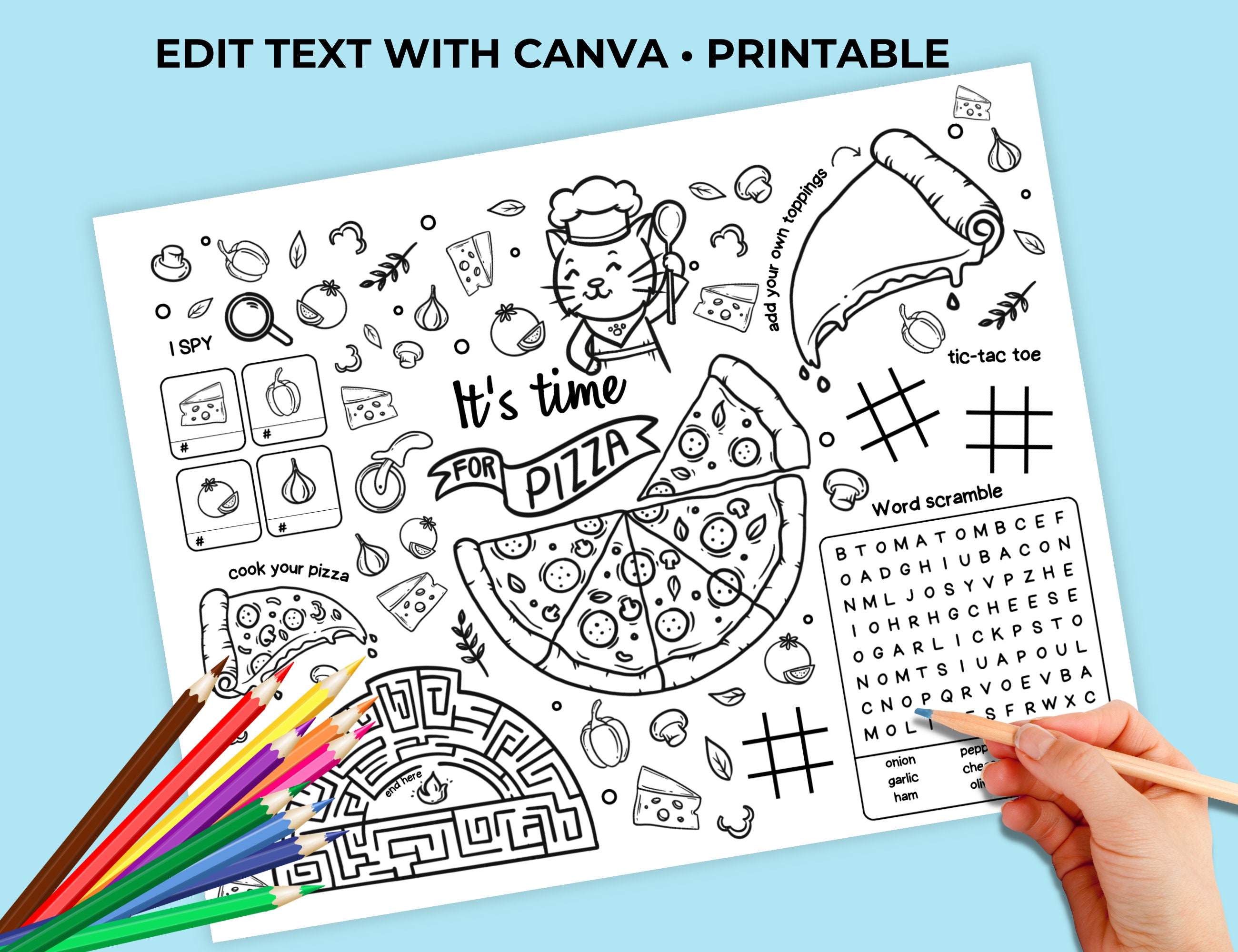 CUSTOM Pizza Birthday Party Activity Placemat, Coloring Placemat Craft ...