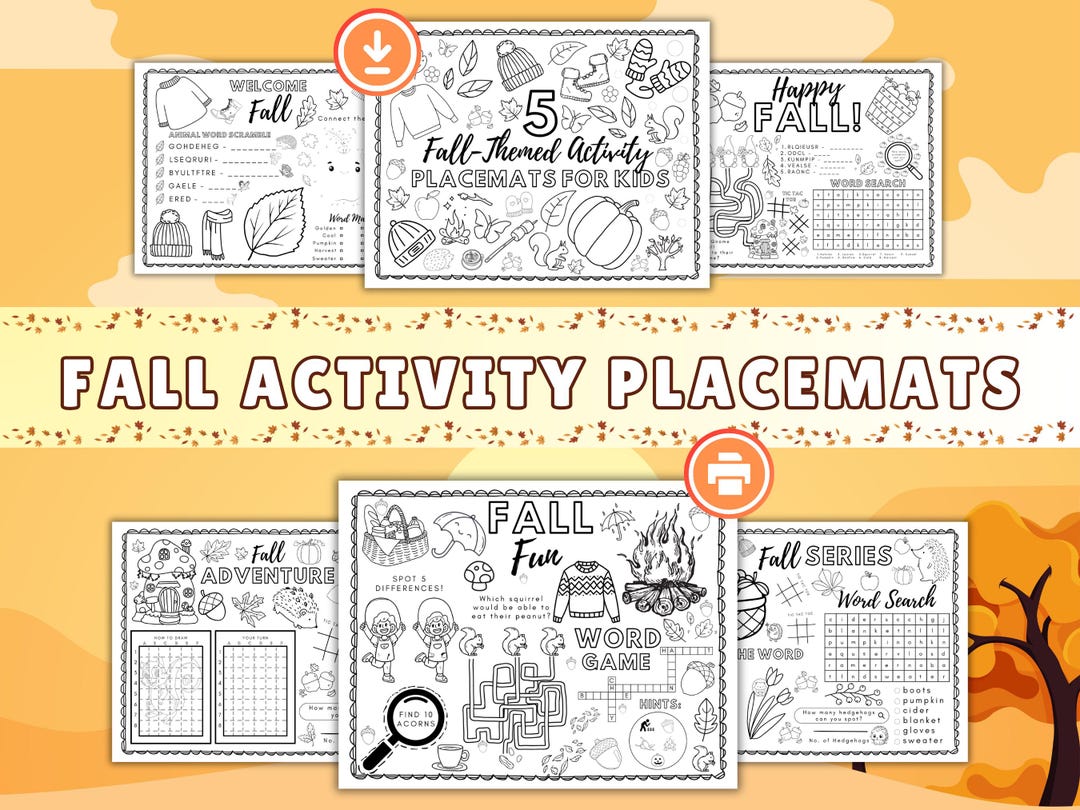 Fall Activity Placemat Bundle, Printable Fall Coloring Placemats, Fall ...