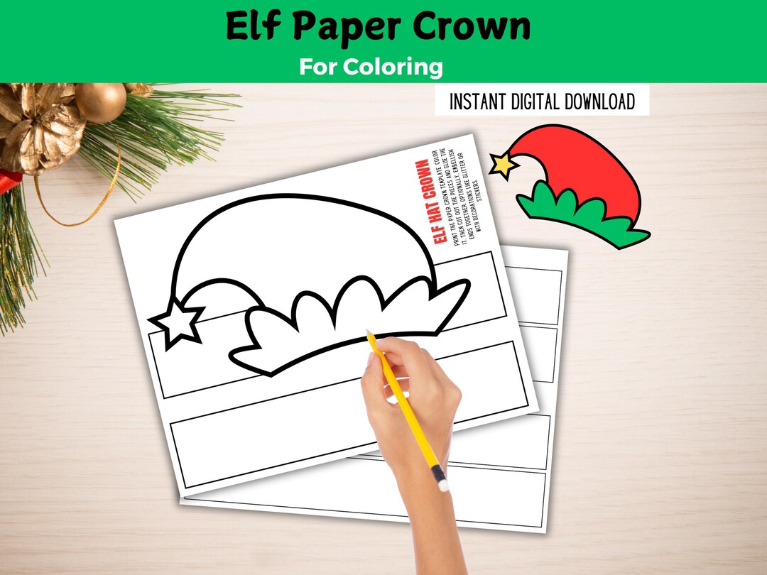 Christmas Elf Paper Crown Template, Winter Holiday Party Coloring, Elf ...