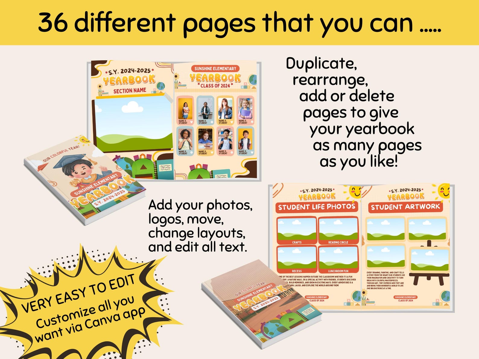 Elementary Yearbook Template, Editable Canva Yearbook, School Memory ...