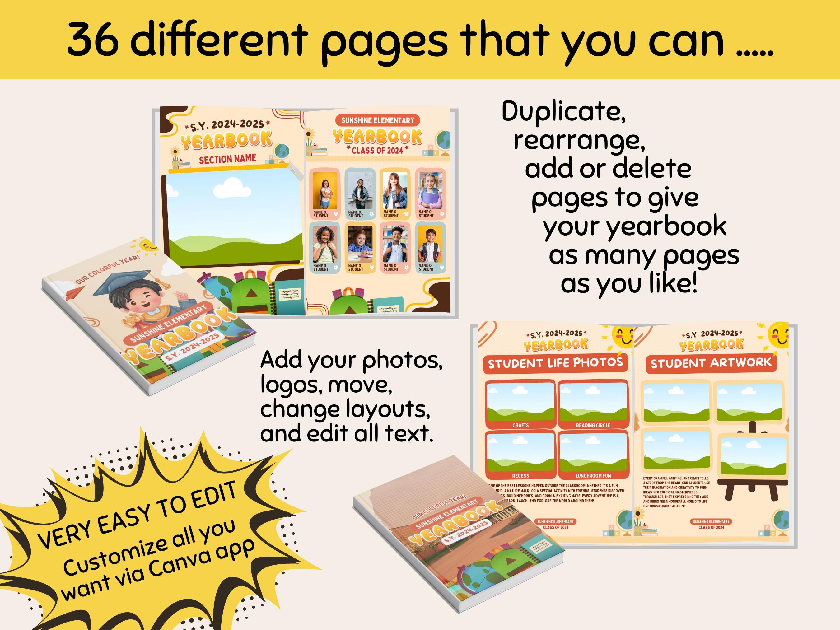 Elementary Yearbook Template, Editable Canva Yearbook, School Memory ...