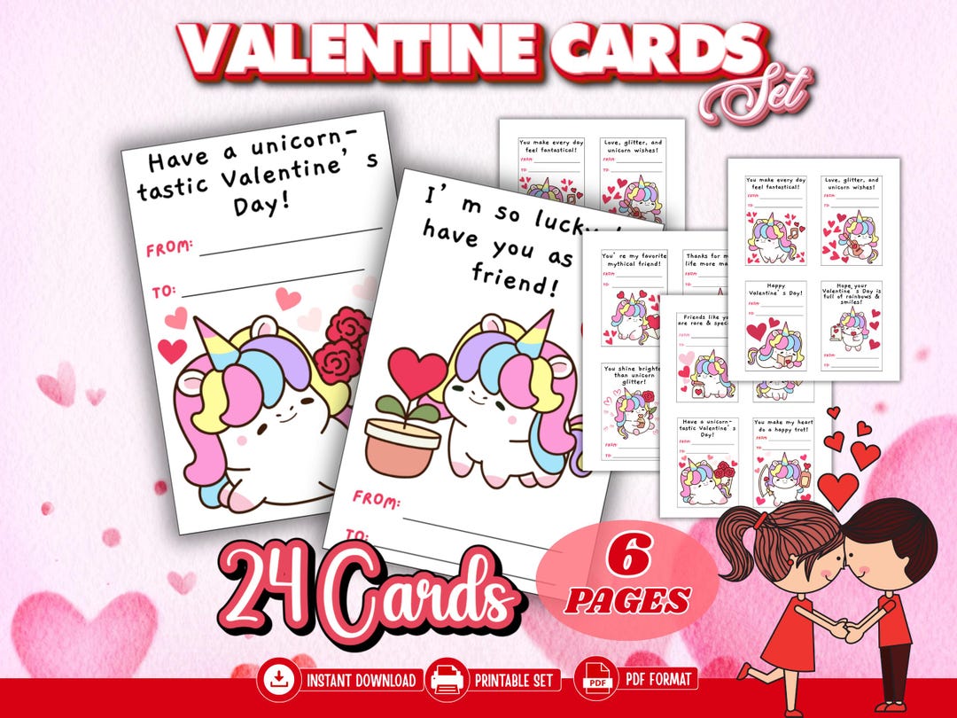 Printable Unicorn Valentine Cards for Kids, Classroom Valentines DIY ...