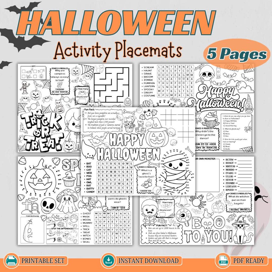 Halloween Activity Placemats for Kids – Coloring, Games & Party Table ...