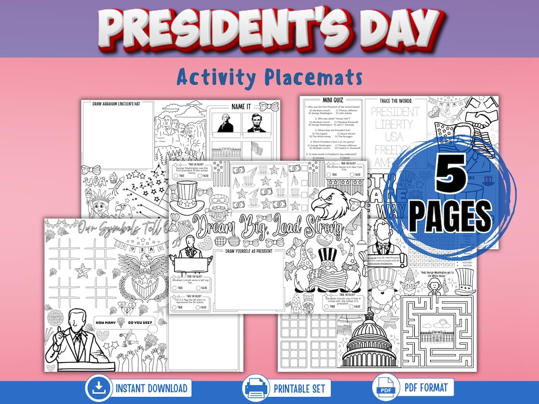 President’s Day Activity Mats Bundle, Printable US Presidents Placemats ...