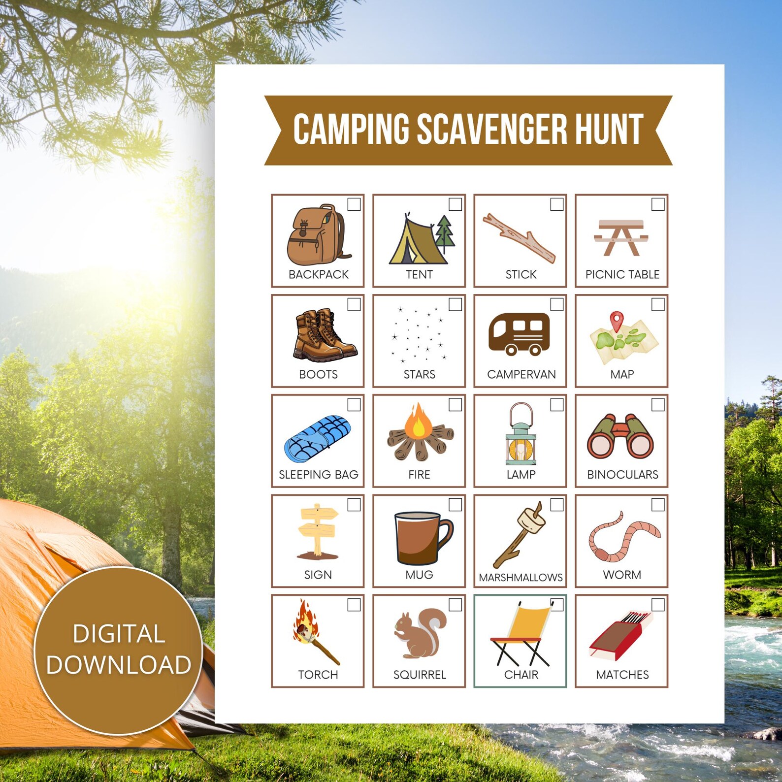 Camping Scavenger Hunt Game, Outdoor Treasure Hunt Printable for Kids ...