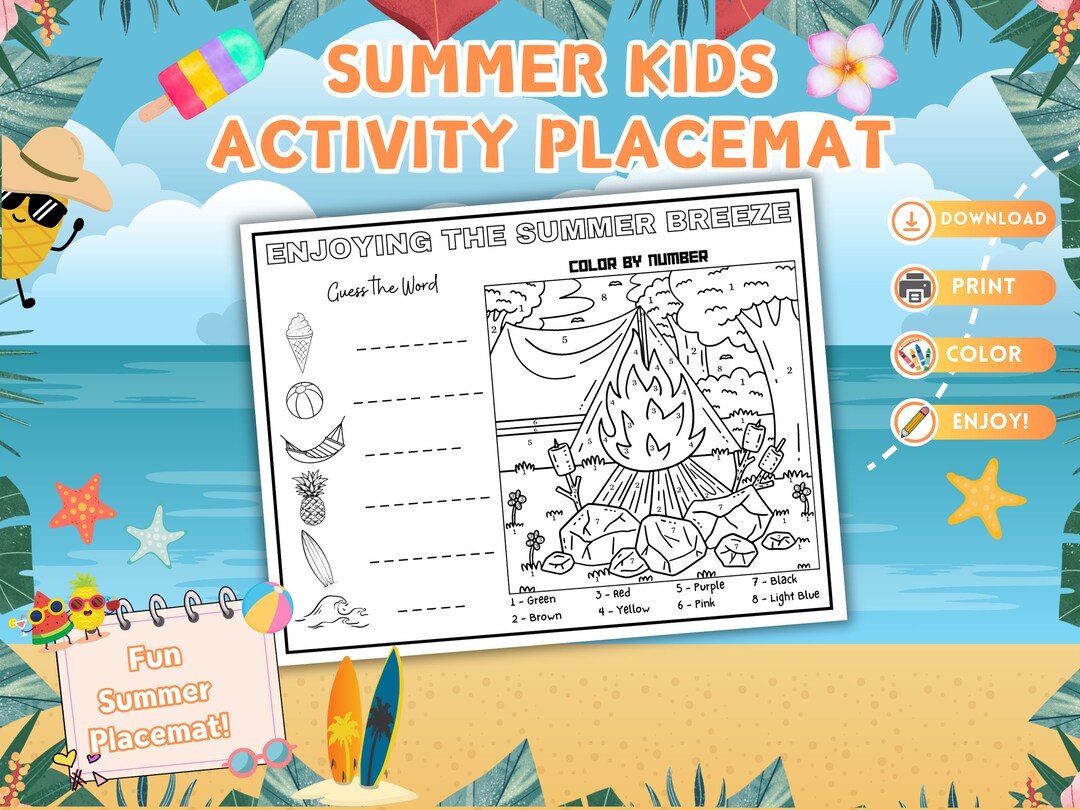 Kid's Summer Activity Placemat, Summer Coloring Page Craft, Summer ...