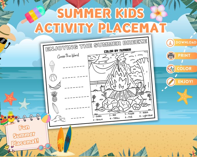 Summer Games Activity Placemat Printable, Summer Party Craft Coloring ...