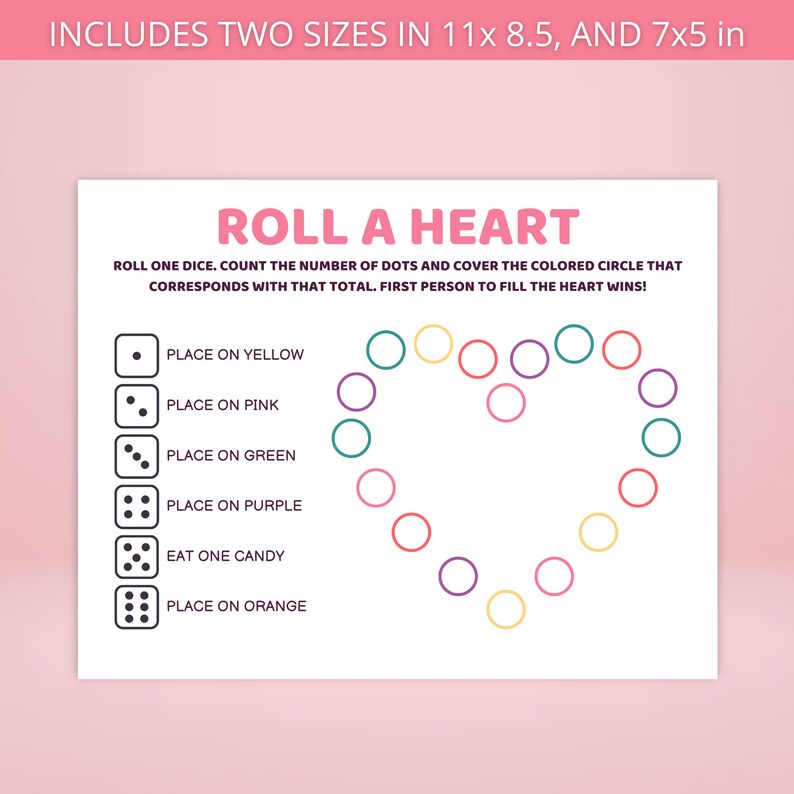 Valentine’s Roll-a-heart Game Printable, Valentine Party Game, School ...
