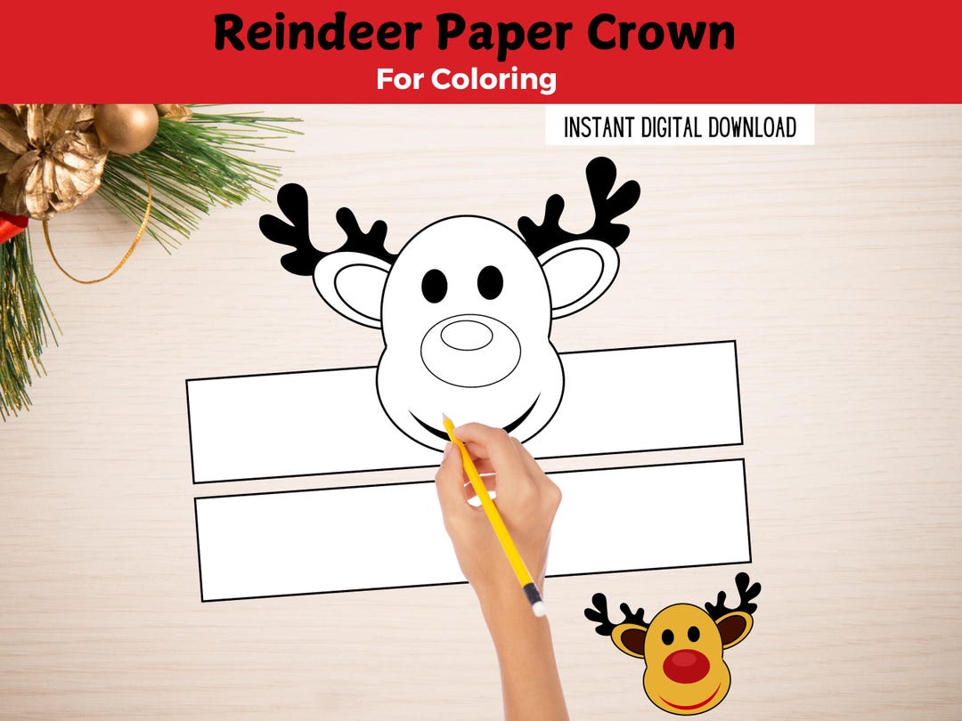 Reindeer Paper Crown Template, Winter Holiday Party Coloring, Reindeer ...