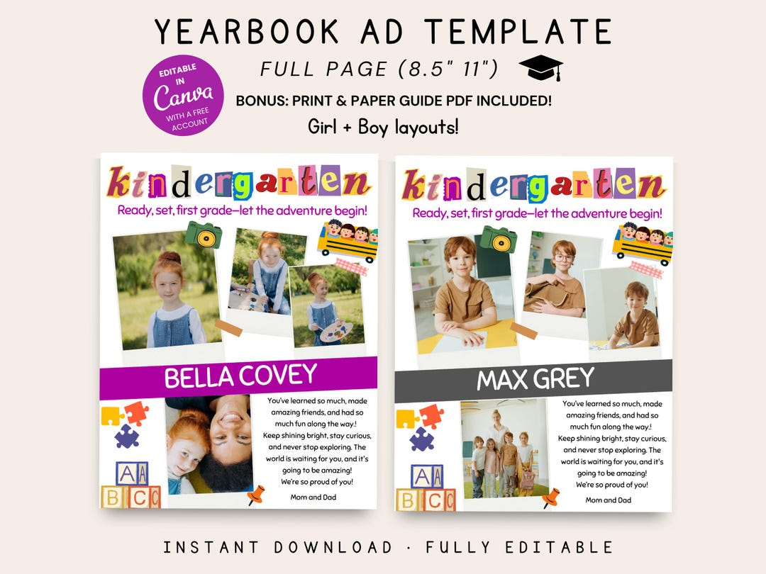 Editable Kindergarten Yearbook Ad Template, Full Page Graduation ...