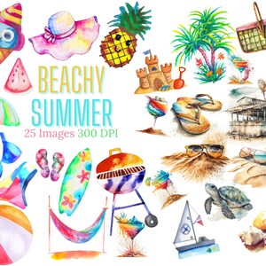 Summer Watercolor Seasonal Clipart Bundle, Beach Summer Png, Summer ...
