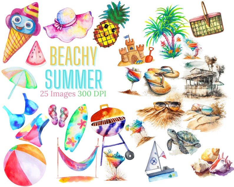 Summer Watercolor Seasonal Clipart Bundle Beach Summer Png - Etsy
