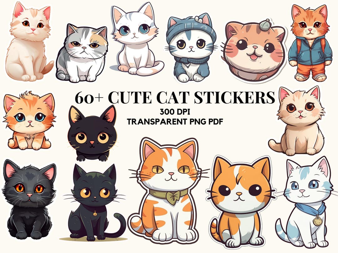 Cute Cat Digital Stickers Bundle, Kawaai Cat Printable Stickers Kitty ...
