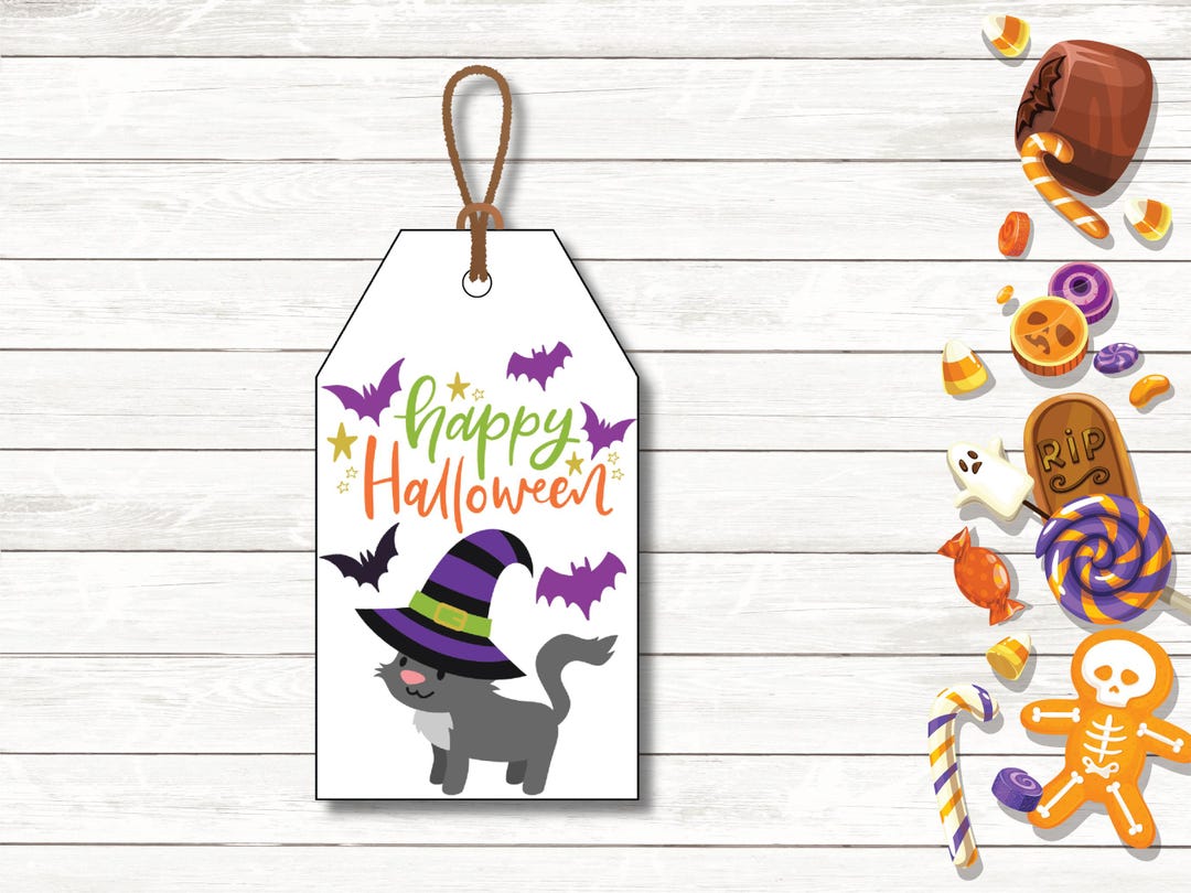 Happy Halloween Gift Tag Printable, Halloween Cat Gift Tag, Halloween ...