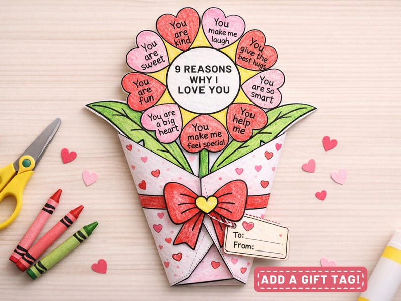 Valentine's Day Heart Bouquet Craft, Kids Printable Activity, Reasons I ...