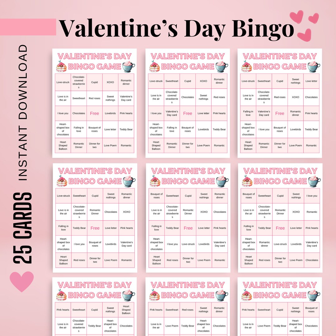 Valentine's Day Bingo, Valentine Printable Bingo Game, Valentine's Day ...