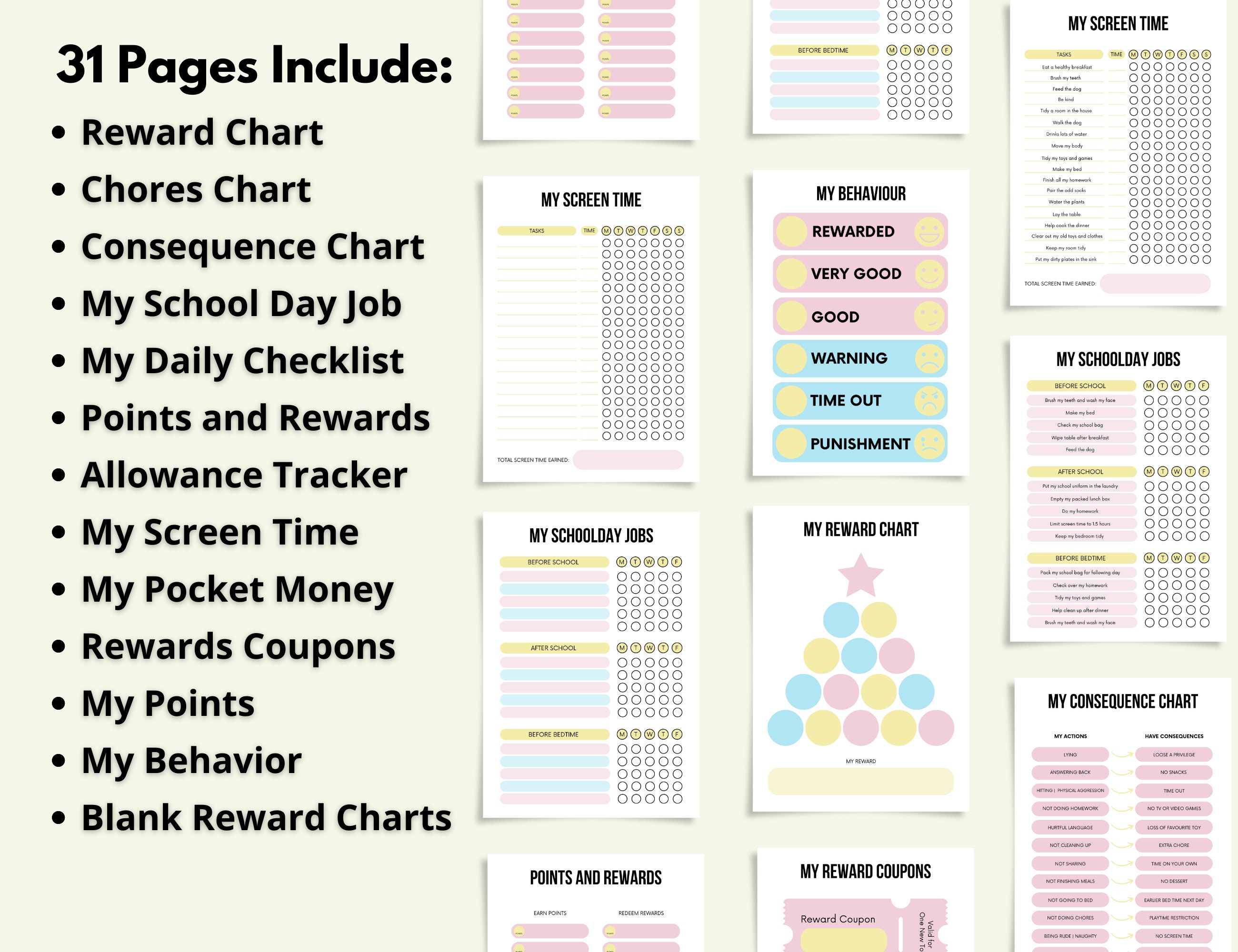 Editable Kids Reward Chart Bundle, Kids Chores, Good Behavior Bucks ...